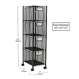 Mind Reader Rolling Cabinet with Drawers, Desk Art Supply Organizer, Storage, Kitchen, Metal Mesh, 8"L x 11"W x 31.5"H, Black