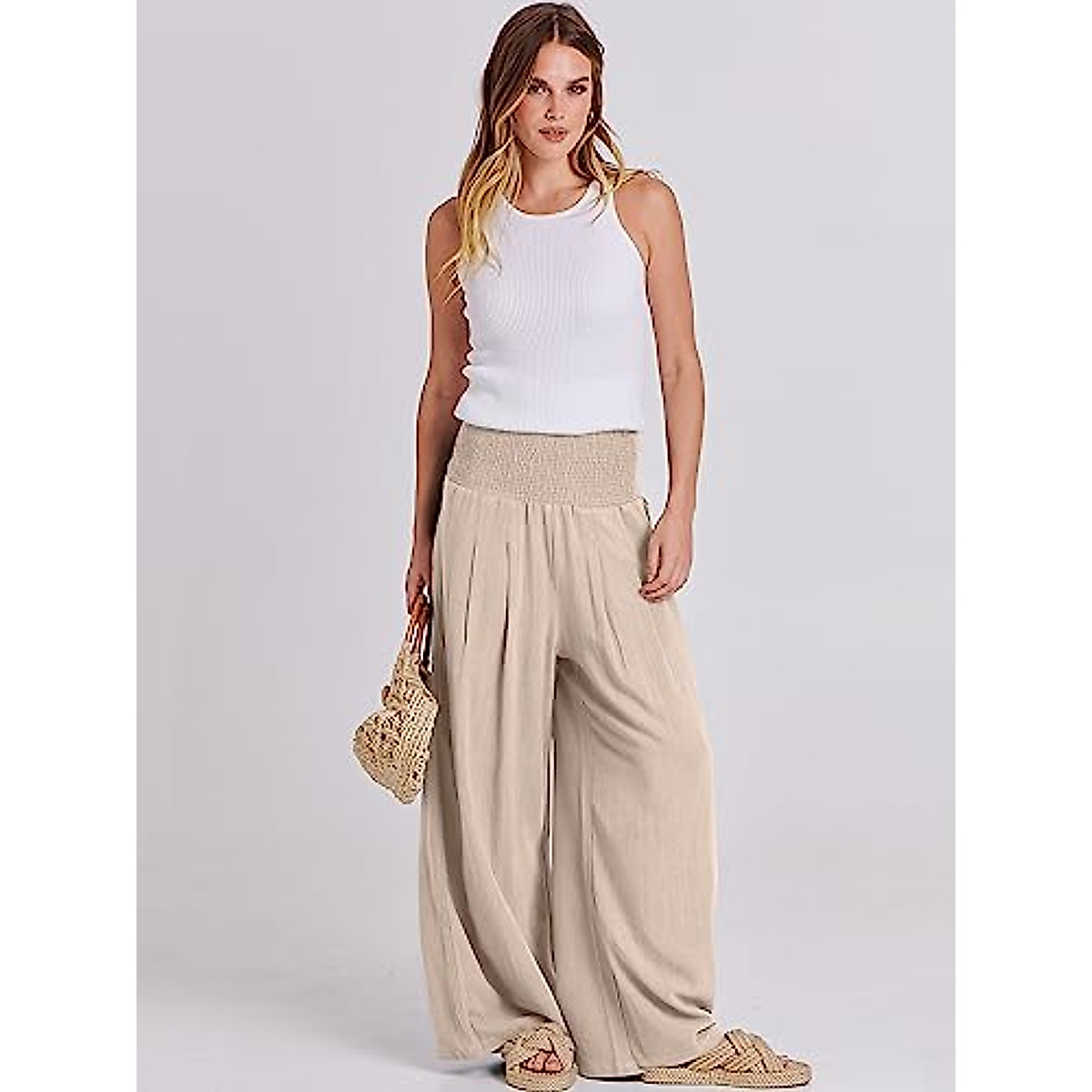 ANRABESS Women Linen Palazzo Pants Summer Boho Wide Leg High Waist Casual Lounge Pant Trousers with Pocket 1091mixing-S