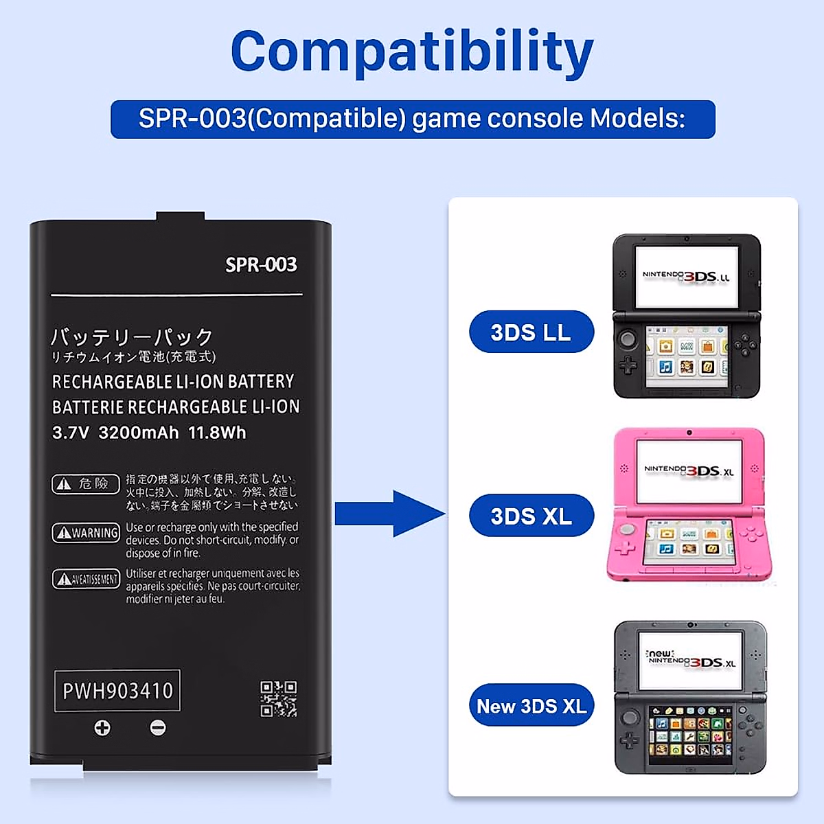 SPR-003 Battery,3200mAh [Upgraded] High Capacity Li-ion 0 Cycle Replacement Battery for Nintendo Switch 3DS XL New 3DS XL 3DS LL SPR-003 Game Console with Repair Tool Kit