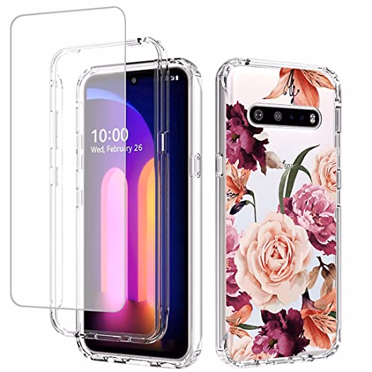Vavies Case for LG V60 ThinQ 5G Case/LG V60/LM-V600 Case with Tempered Glass Screen Protector, Full Body Clear Flexible with Floral Design Protection Phone Cover Cases for LG V60 (Purple Flower)