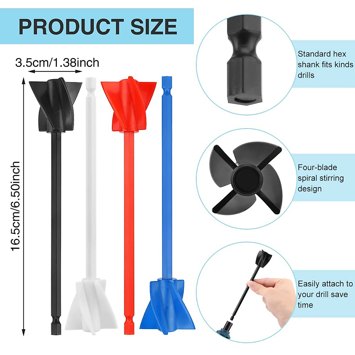 QOONESTL Resin Mixer Paddles, 4pcs Reusable Paint Mixer Epoxy Mixer Paddles, Multipurpose Mixer Drill Attachment for Resin, Paint, Silicone, Ceramic Glaze Mixing(Black+White+Red+Blue)