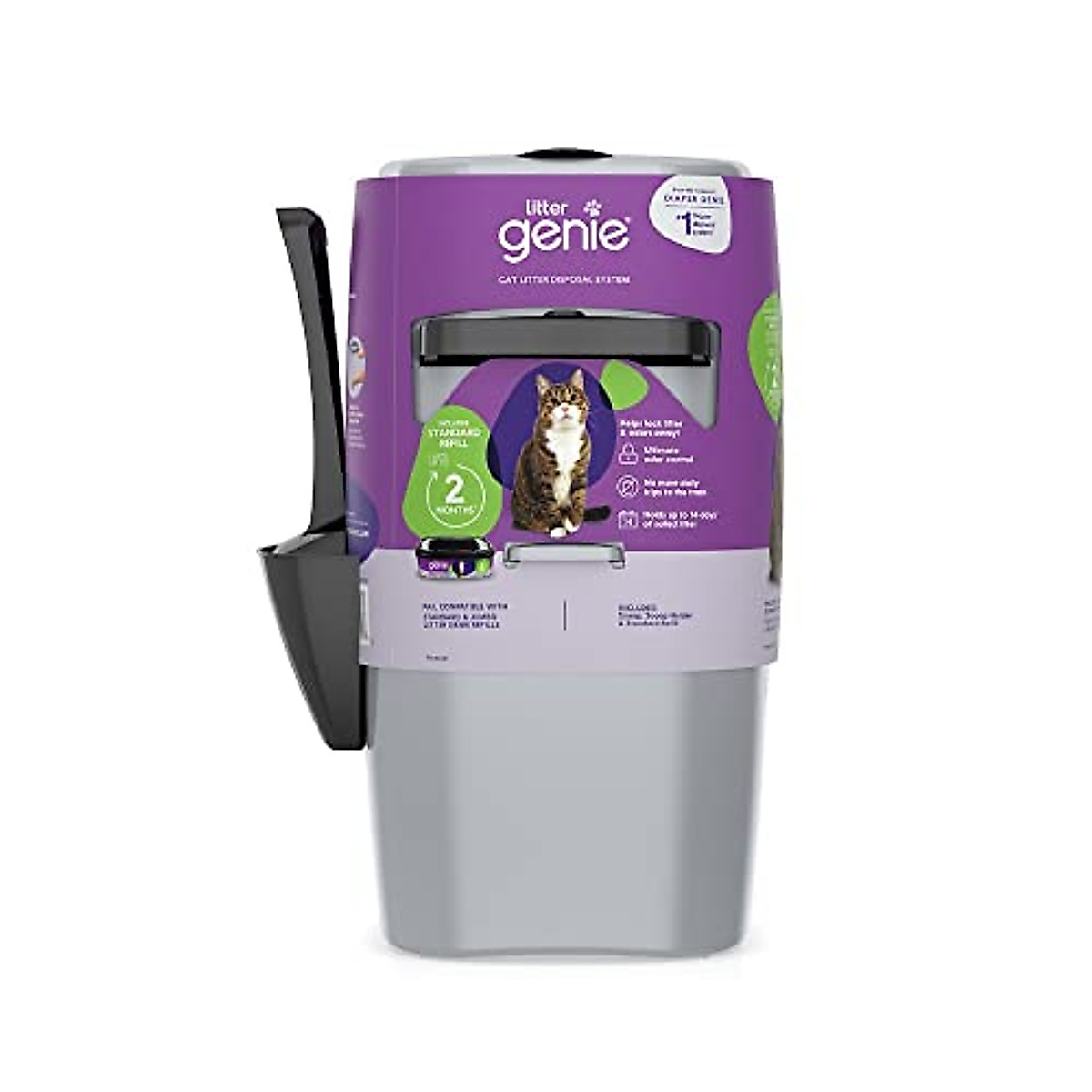 Litter Genie Standard Pail (Silver) | Cat Litter Box Waste Disposal System for Odor Control | Includes 1 Square Refill Bag