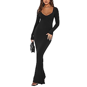 REORIA Women's Sexy Casual V Neck Long Sleeve Lounge Long Dress Elegant Fall Wedding Guest Tight Ribbed Bodycon Maxi Dresses Black Large