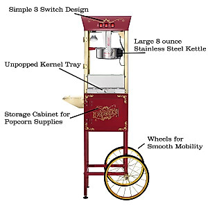 Matinee Popcorn Machine and Cart – 3 Gallon Popcorn Popper, 8oz Kettle, Warmer, and 5 All-In-One Popcorn Packs by Great Northern Popcorn (Red)