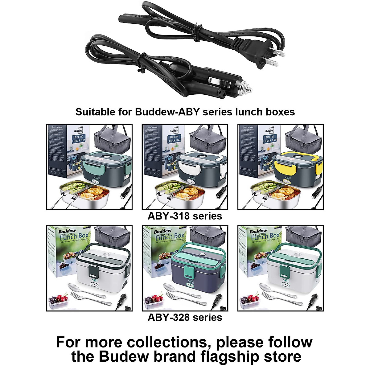 Buddew Power Cord - 12/24V/Car Charger & 110-230V Home/Office Wall Charger Compatible wtih Buddew Electric Lunch Box ABY Series, Portable Electric Heating Bento Box Power Cable