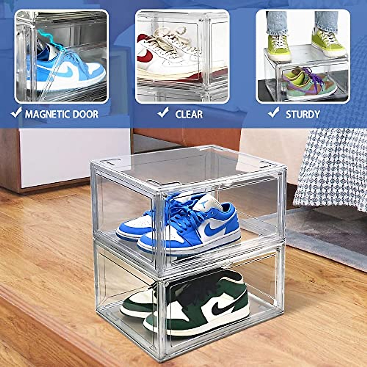 DAYOOH Shoe Boxes Clear Plastic Stackable Clear Sneaker Acrylic Sneaker Display Case Magnetic Shoe Organizer Containers with Lids Caja De Zapatos Transparente - 10Pack Size 15