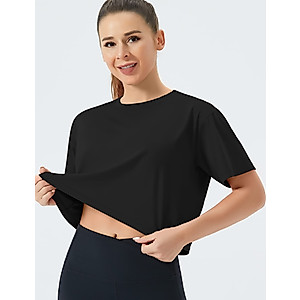 THE GYM PEOPLE Women's Workout Crop Top T-shirt Short Sleeve Boxy Yoga Running Cropped Basic Tee Black