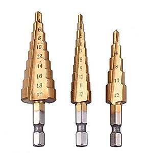 Tameco 3Pcs Hss Steel Titanium Step Drill Bits 3-12/4-12/4-20mm Step Cone Cutting Tools Steel Woodworking Wood Metal Drilling Set