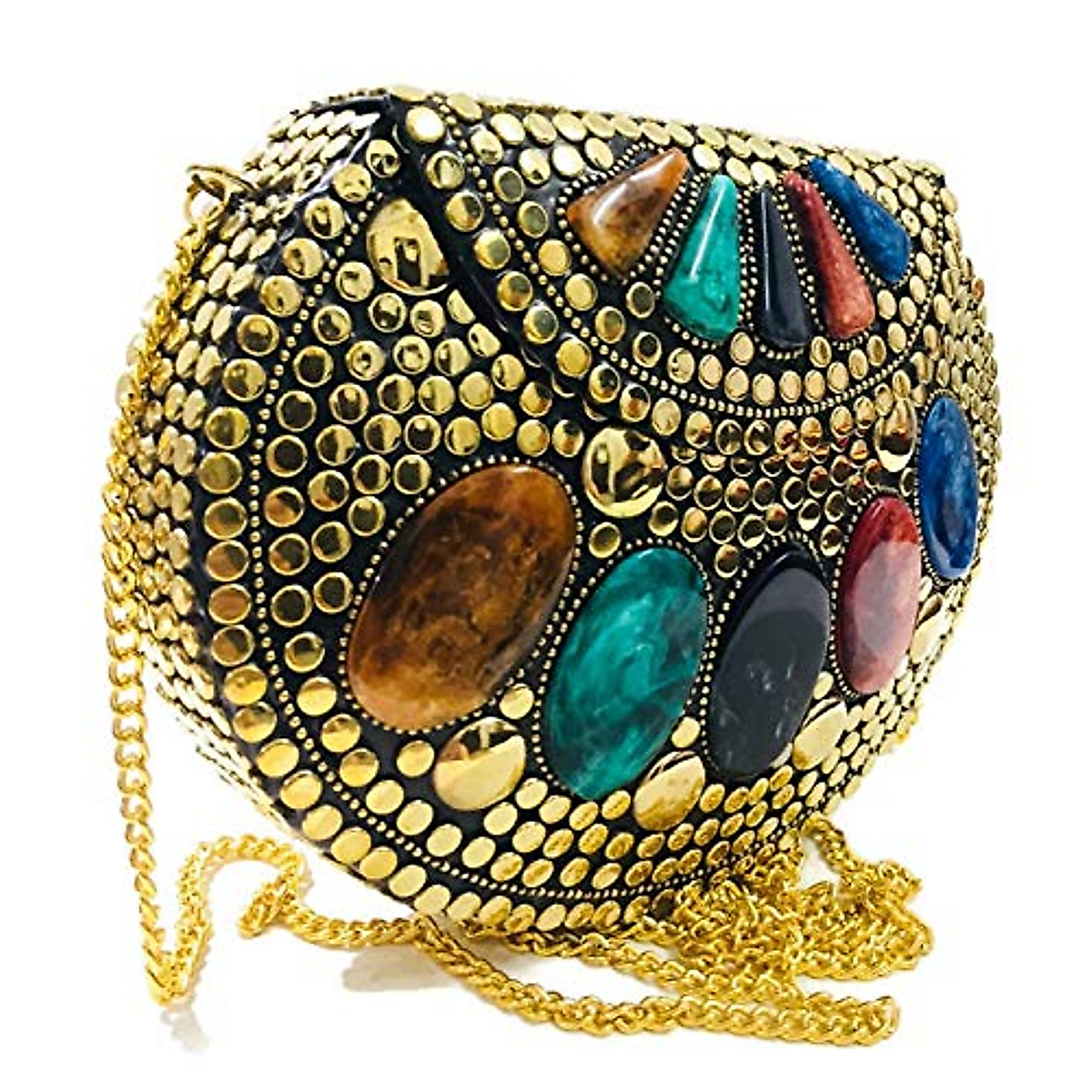 Brass Beaded Ethnic purse Girls Bridal Bag Golden cross body bag for women/Girl party clutch Metal clutches Vintage Brass (Gold Muti Stone)
