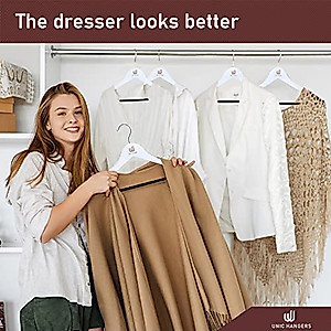 Unic Hangers - Non Slip White Wooden Hangers 10 Pack– Thin Hangers Velvet on Shoulders and Bar for Clothes. Hangers with 360° Swivel Hooks. Chic Wood Coat Hangers for Closet for a Classy Wardrobe