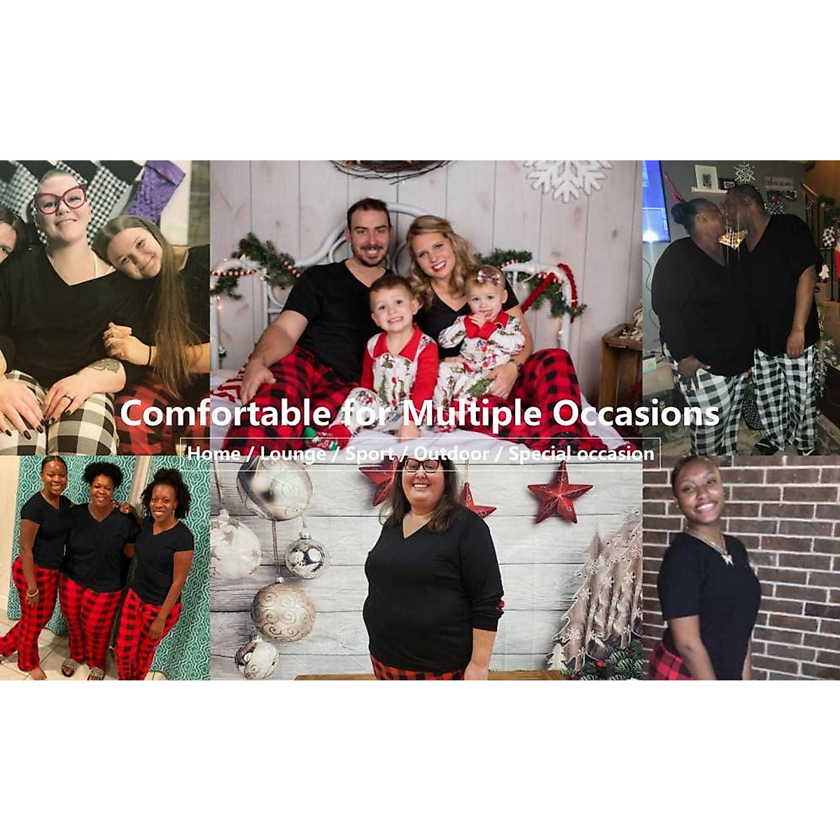 KAMONG Women Plus Size Pajamas Set Plaid Lounge Pants V-Neck Long/Short Sleeve Cotton T Shirt 2 Piece Sleepwear Blue