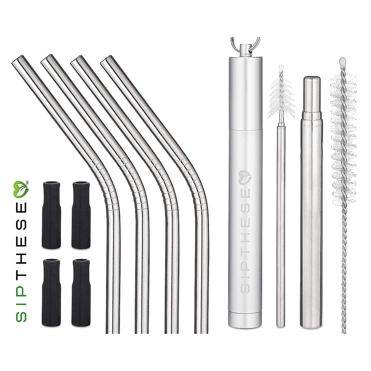 SipThese Collapsible Straw With Retractable Cleaning Brush In Keychain. 4 Angled Stainless Steel Straws With Silicone Tips. 1 Straw Cleaning Brush And Travel Bag. Eco Friendly Reusable Straws