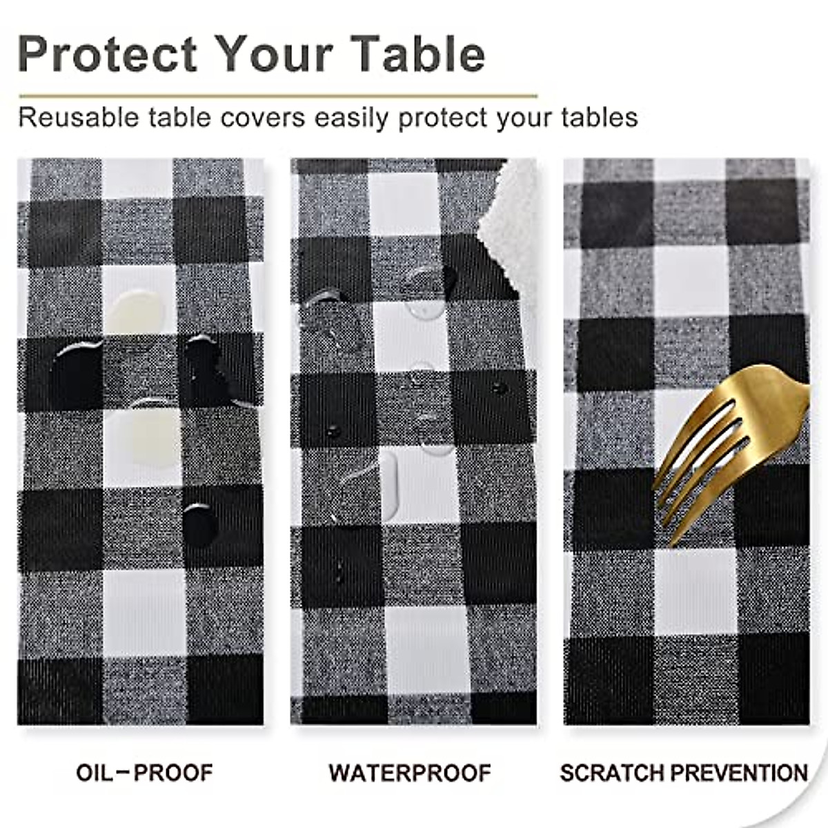 Hiasan Checkered Vinyl Tablecloth Rectangle - 54 x 80 Inch - 100% Waterproof & Stain Resistant Wipeable Plaid PVC Table Cover for Outdoor Picnic/Kitchen Dining/Farmhouse, Black and White