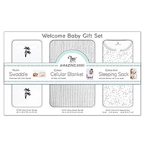 Amazing Baby Gift Set, 3-Piece Set, Cotton Sleeping Sack, Muslin Swaddle, Cellular Blanket, Pastel Sterling