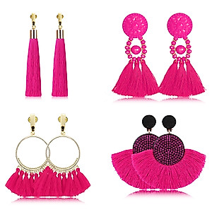 Udalyn 4 Pairs Tassel Earrings for Women Dangle Clip On Earrings Colorful Bohemian Tassel Earrings Statement Earrings Handmade Jewelry Non Piercing Earrings for Sensitive Ears