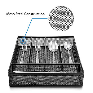 LIANYU Silverware Utensil Drawer Organizer, 5 Compartments Steel Mesh Cutlery Flatware Tray with Foam Feet, 9 1/4" W x 12 1/2" L x 2" H, Black