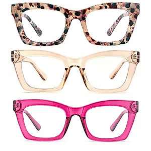 bullabulling 3 pack Oprah style Spring hinge Readers Blue Light Blocking Computer Square Reading Glasses for Women Men (flowers/tea/rose, 1.5)