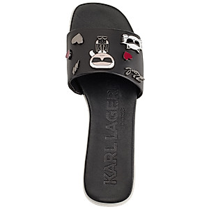 Karl Lagerfeld Paris Women's Jeslyn Effortlessly Fashionable Slide-On Shoes with Bold KLP Pins Flat Sandal, Black, 8