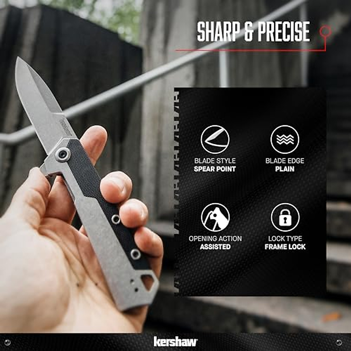 Kershaw Oblivion Pocket Knife, 3.5 Inch 8Cr13MoV Bead-Blasted and Stonewashed Blade, SpeedSafe Assisted Opening, Stainless Steel Glass-Filled Nylon Handle, Flipper, Frame Lock, Deep-Carry Pocketclip (