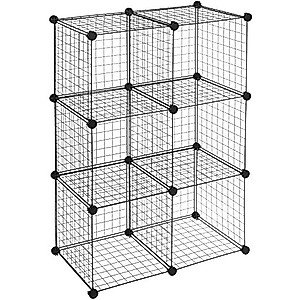Amazon Basics 6-Cube Wire Grid Storage Shelves, 14" x 14" Stackable Cubes, Black & Amazon Basics Collapsible Fabric Storage Cubes Organizer with Handles, Gray - Pack of 6