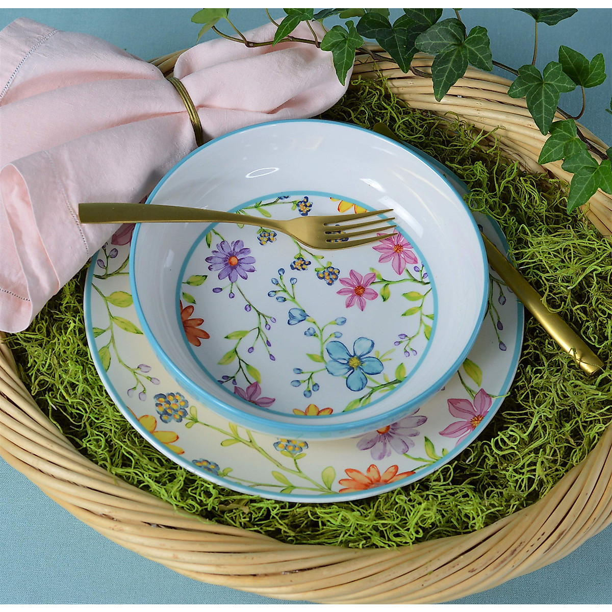 Euro Ceramica Charlotte Collection Pasta Bowls Set of 4 Service for 4, Watercolor Floral Design in Multicolor White Pink