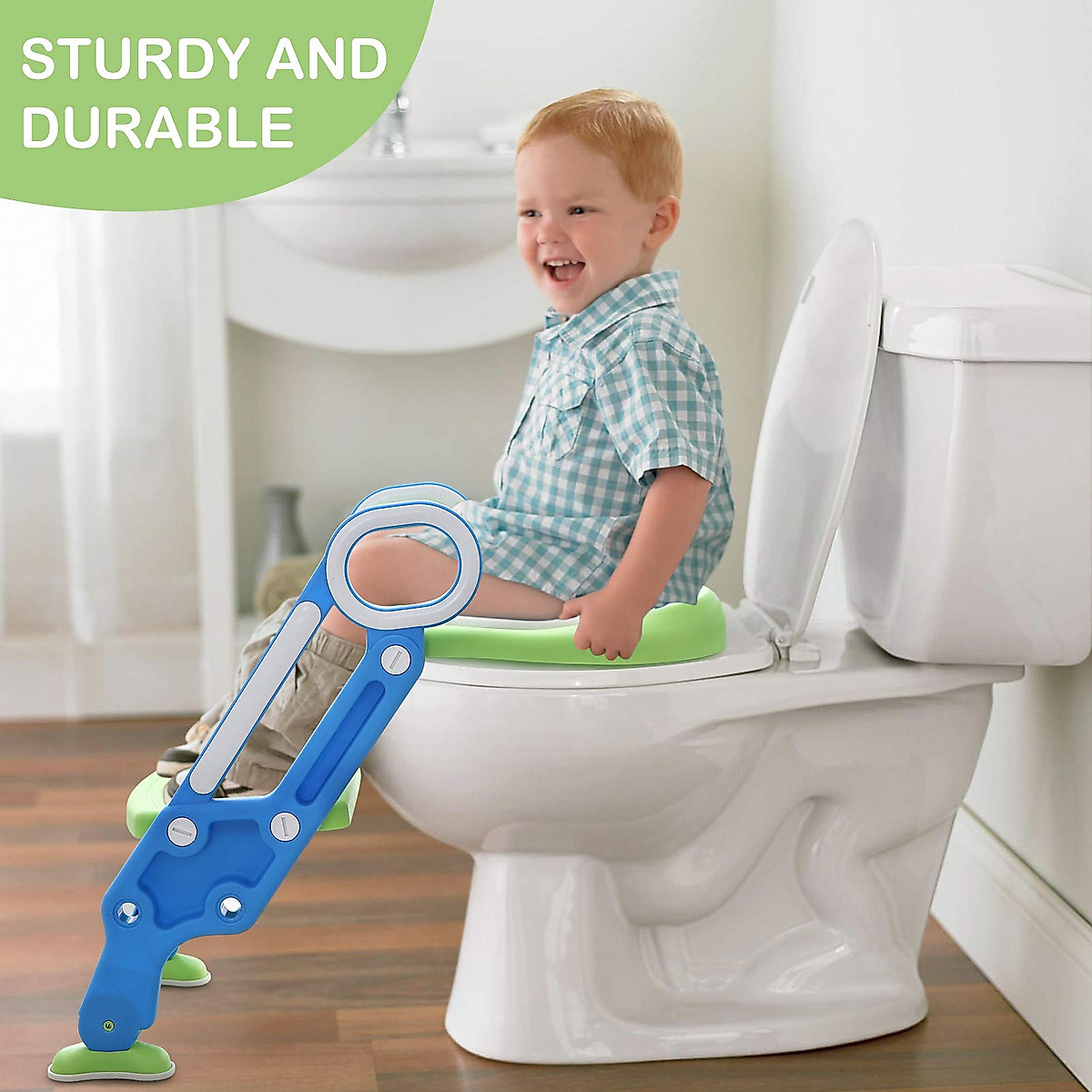 Potty Training Toilet Seat with Step Stool Ladder for Kids, Baby Toddler Toilet Training Seat with Soft Padded Seat, Safe Handles and Non-Slip Wide Step for Girls and Boys (Blue Green)
