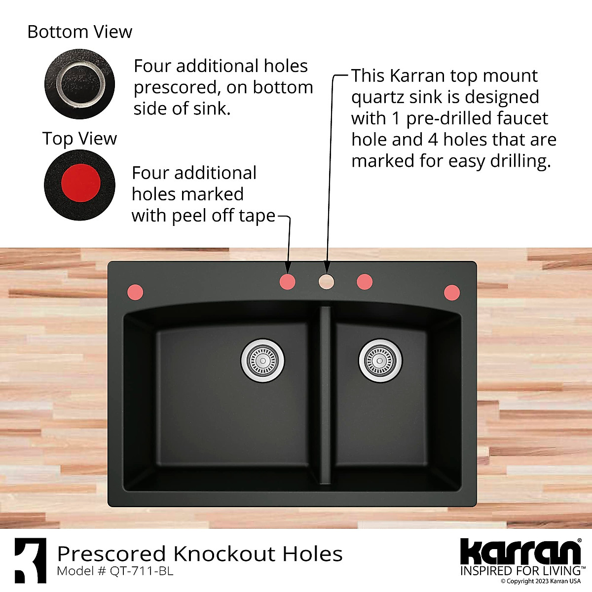Karran QT-711 Drop-In Quartz Composite 33 in. 1-Hole 60/40 Double Bowl Kitchen Sink Kit in Black