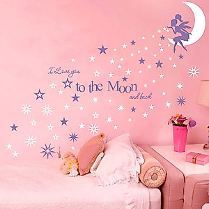 ANFRJJI Fairy Wall Decal "I Love You to The Moon and Back" Fairy Wall Sticker White moon and stars and purple elf fairy text and stars for Girl, Kids Bedroom Wall Decals, Nursery Decor JWH165 (purple