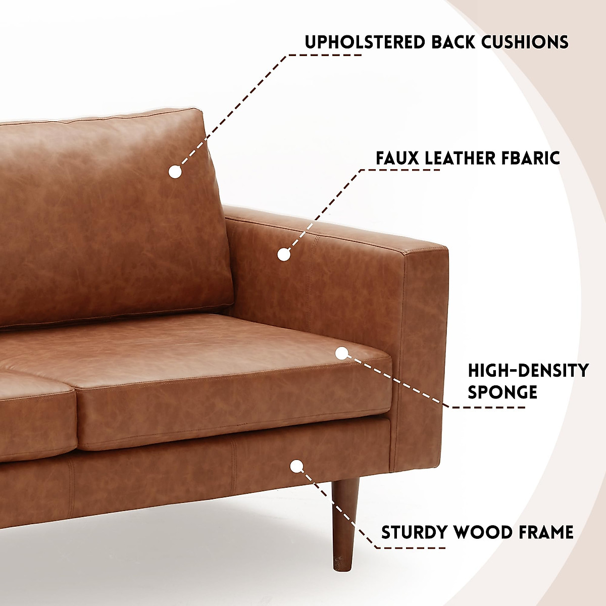 Kingfun 65" Loveseat Sofa, Faux Leather Love Seat Couch, Mid Century Modern Couch with Solid Wooden Frame for Living Room & Bedroom in Small Spaces, Brown
