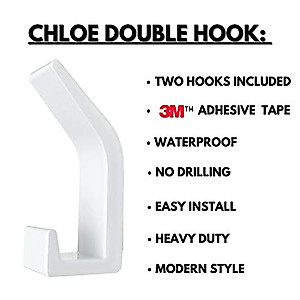 Emma Rose Home Chloe Double Hook, Heavy Duty Wall Hook Without Nails Waterproof Aluminum Hooks for Hanging Bathroom Kitchen Office-2 Pack Wall Hook (White)