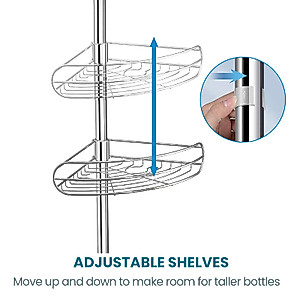 ALLZONE Corner Shower Caddy Tension Pole, 4-Tier Adjustable Shower Shelves, Rustproof Bathroom Shower Organizer Corner and Shower Racks for Inside Shower Storage, 56 to 113 Inch Height, Sliver
