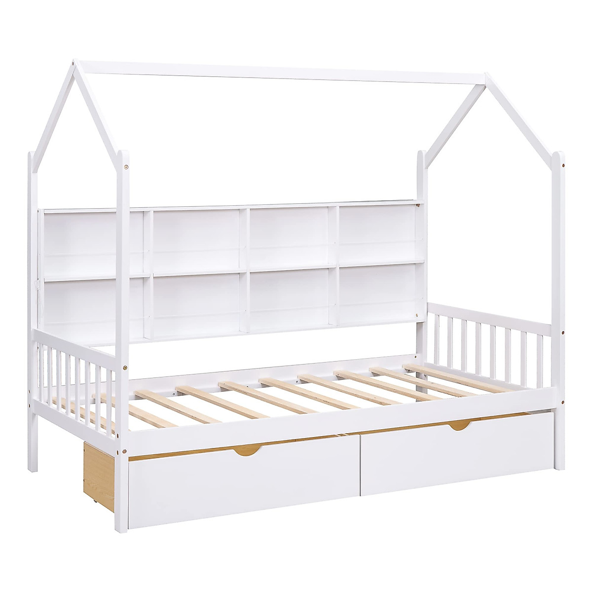Wooden Twin Size House Bed with 2 Drawers for Boys Girls Kids Toddler,Kids Bed with Storage Shelf, White