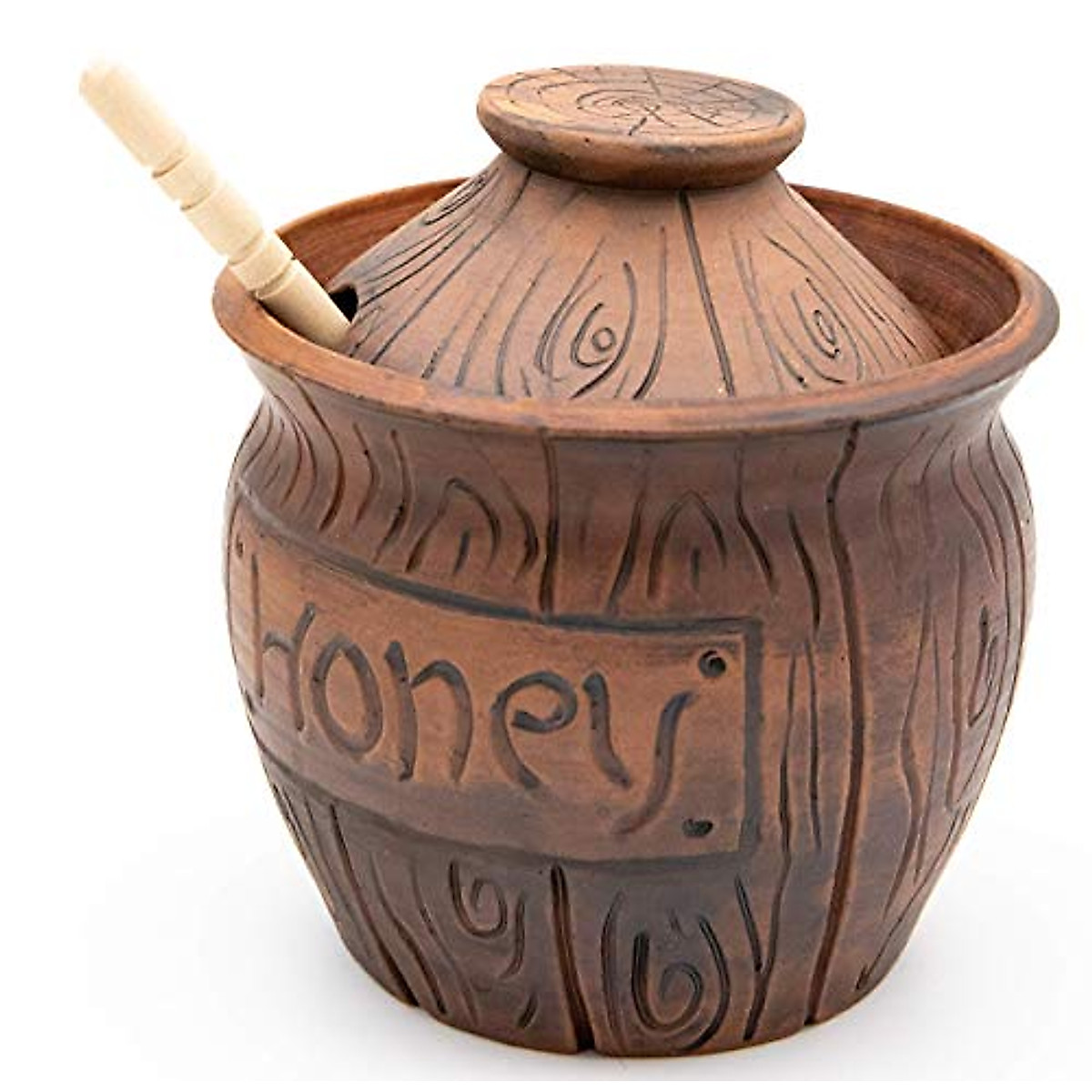 Honey Jar with a Dipper 16oz. Ceramic Honey Pot Made Out of Solid Clay Piece. Honey Container, and a Great Rustic Bowl for Gift (Brown) - Ceramic Beehive Honey Pot with Dipper.