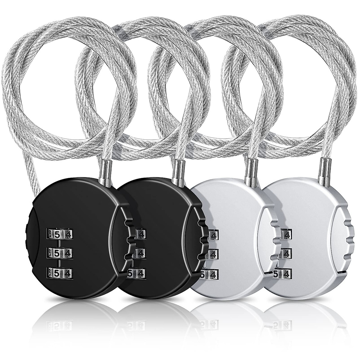 4 Pieces 3 Digit Combination Lock Wire Stroller Waterproof Padlock Cable Locks Lightweight Locker Lock Flexible Gate Lock for School Luggage Helmet Gym Fence Door Sports Bike (Black, Silver)