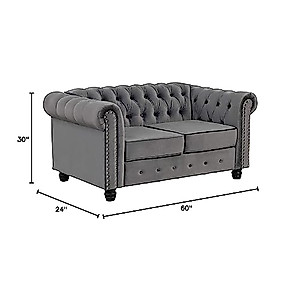 Morden Fort Classic Chesterfield Loveseat Set 60'', Tufted Loveseat Sofa Set with Solid Wood Legs Thick Cushion, Pet-Friendly 2-Seater Sofa Couch for Living Room Bedroom Apartment - Velvet Grey