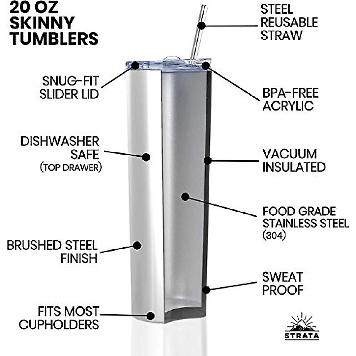 STRATA CUPS Skinny Tumblers with Lids and Straws (4 Pack) - 20 oz Double Wall Insulated Slim Stainless Steel Silver Tumblers with Straw Cleaner | Reusable Travel Mug for Hot and Cold Beverages