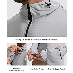 Sejuani Men's UPF 50+ Light Jacket Full Zip Sun Protection Hoodie Long Sleeve Sun Shirts for Men Hiking Fishing Zip Pockets(Light Grey_L)