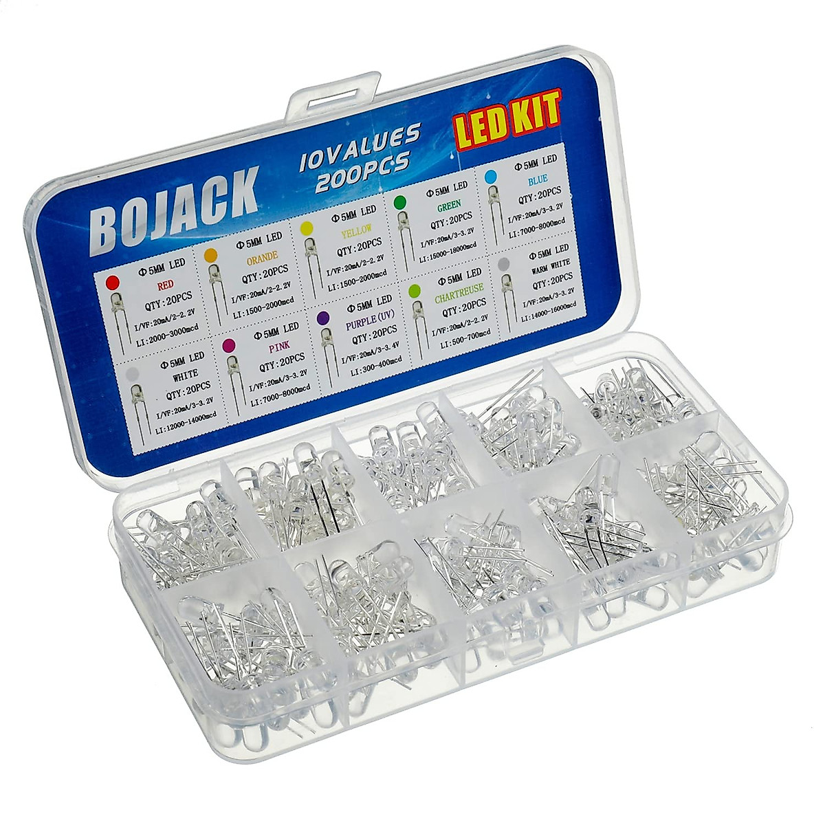 BOJACK 10 Colors 200 Pcs 5mm LED Diode Lights Assored Kit Pack (Transparent DC 2V - 3.2V 20mA) Bright Lighting Bulb Lamps Electronics Components 5 mm Light Emitting Diodes Parts