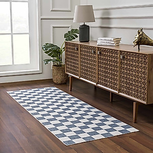 Hauteloom Brone Contemporary Checkered Area Rug - Modern Geometric Bordered Carpet for Living Room, Bedroom, Dining Room - Checkboard Design - Square Tiles - Blue, Ivory - 5'3" x 7'