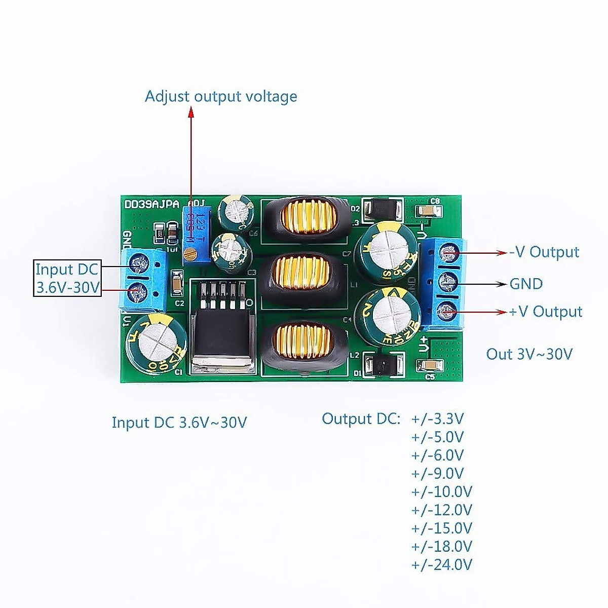 Boost Buck Voltage Converter, DC-DC 5V-24V to +/-3V-30V Step UP Down Power Supply Module Adjustable 20W Positive Negative Dual Output Voltage Charging Converter for Amplifier