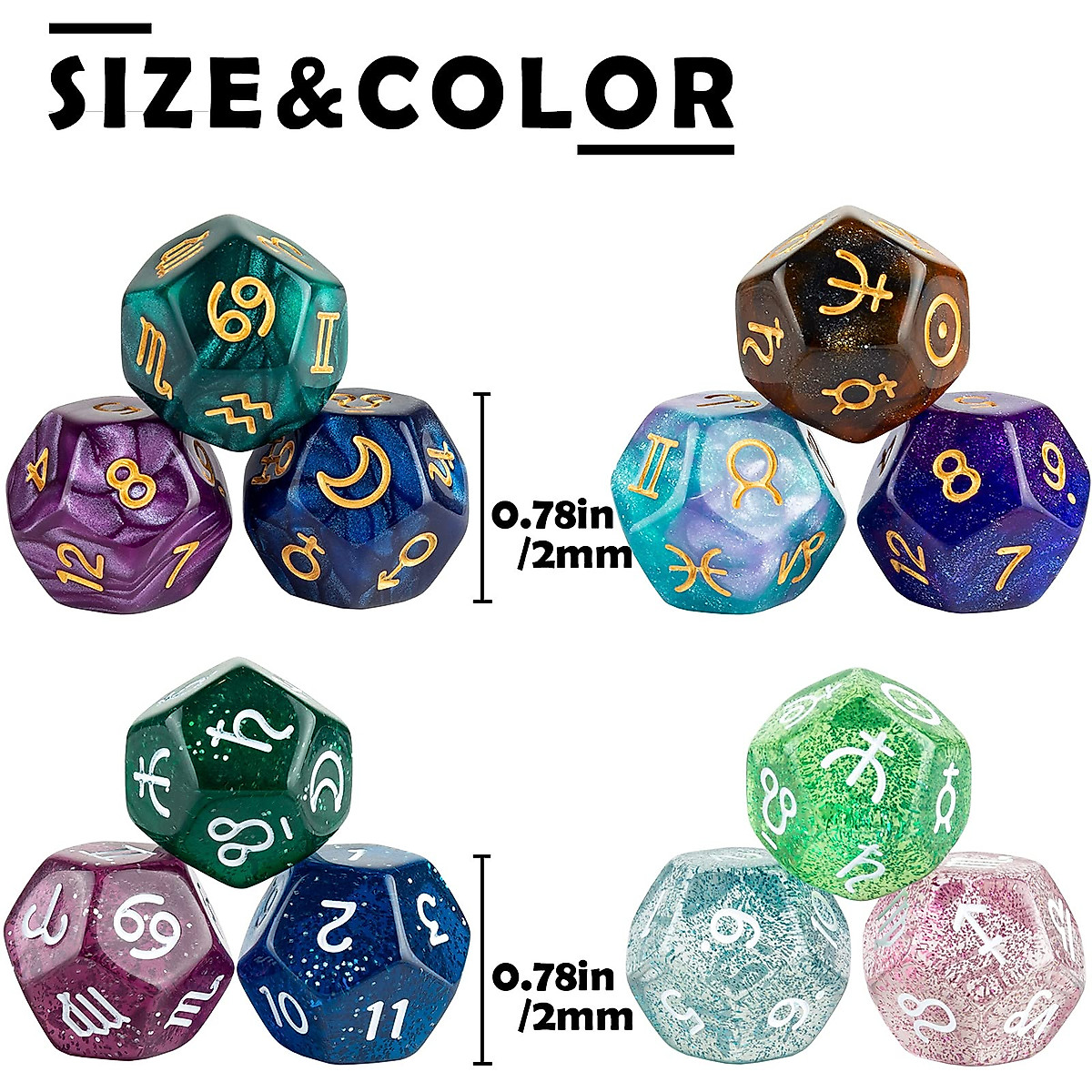 12 PCS Tarot Cards Dice D12 Astrological Dice Resin Pearl Constellation Sign 12-Sided Dice for Astro Divination Gaming Accessory