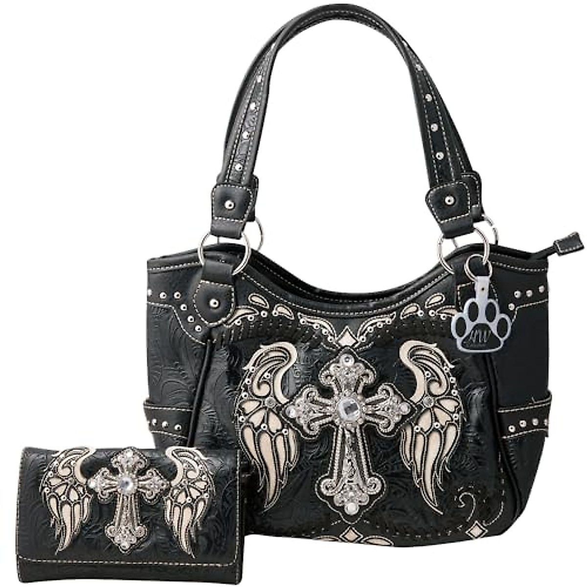 HW Collection Western Purse Rhinestone Cross Angelic Wings Women Handbag Wallet Set (Black)