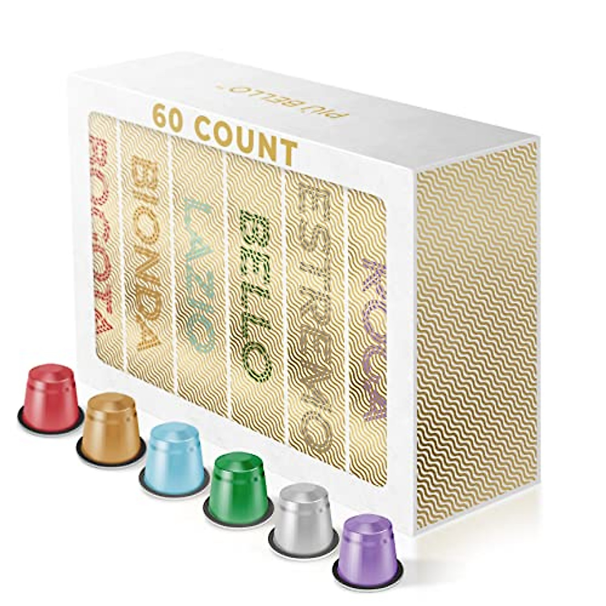 Piu Bello Coffee Pods Variety Pack - Nespresso Machine (Original) Compatible Capsules - Light Roast, Dark Roast, Chocolate, Nuts, Caramel - Rich & Balanced Taste, Kosher (6 Flavor Multipack 60 Count)