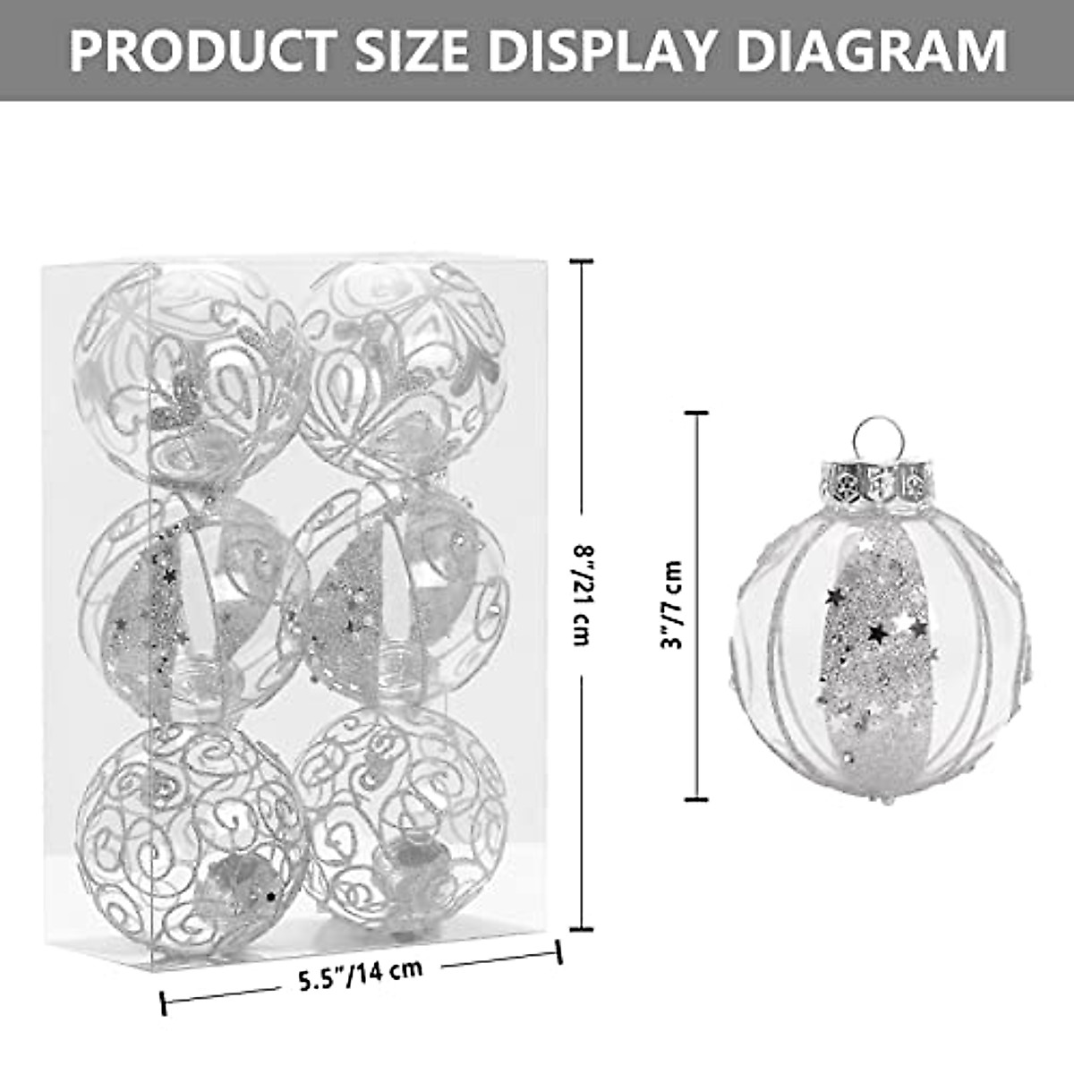 MoonXmas Christmas Ornaments Set, 2.75"/70MM Silver Clear Plastic Shatterproof Christmas Tree Hanging Decorations, for Indoor Home Halloween Thanksgiving Xmas Decor - 6Pcs.