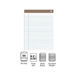 Tru Red Notepads 8.5" X 11.75" Wide Ruled White 50 Sheets/Pad, 12 Pads/Pk (Tr58185)