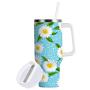 RPLIFE White Daisies Yellow Light Blue 40 Oz Tumbler, Stainless Steel Tumbler with Straw, Travel Coffee Tumbler