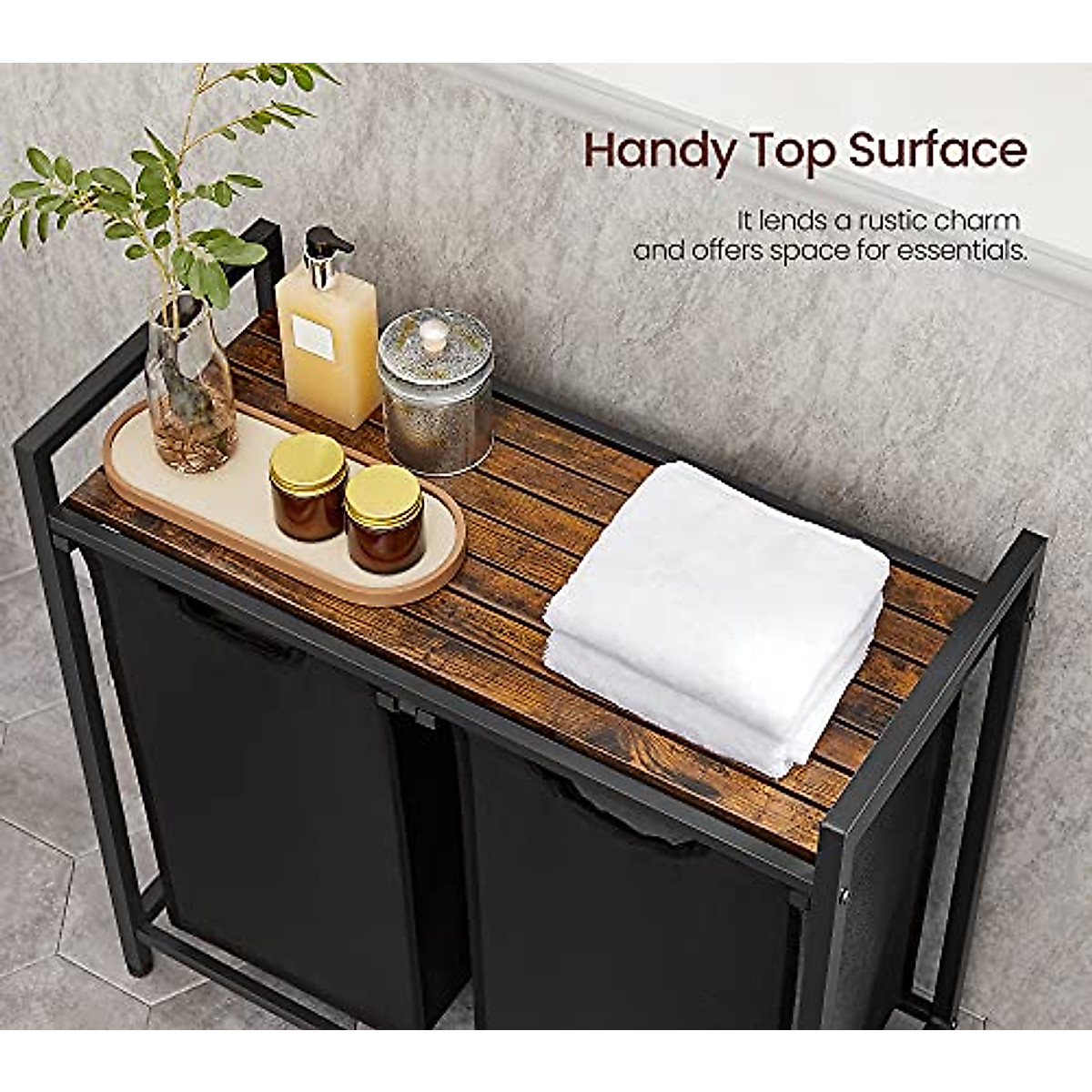 VASAGLE Laundry Basket, 2-Compartment Laundry Hamper, Pull-Out and Removable Laundry Bags, Oxford Fabric, Metal Frame, 2 x 12.2L, 28.7 x 13 x 28.3 Inches, Rustic Brown and Black UBLH201B01