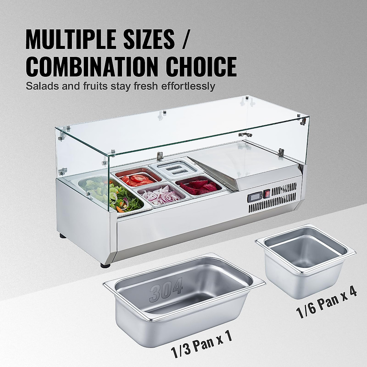 VEVOR, 130 W Countertop Refrigerated Condiment Station, with 1 1/3 4 1/6 Pans, 304 Stainless Body and PC Lid, Sandwich Prep Table Guard, ETL, Glass 40in, Silver
