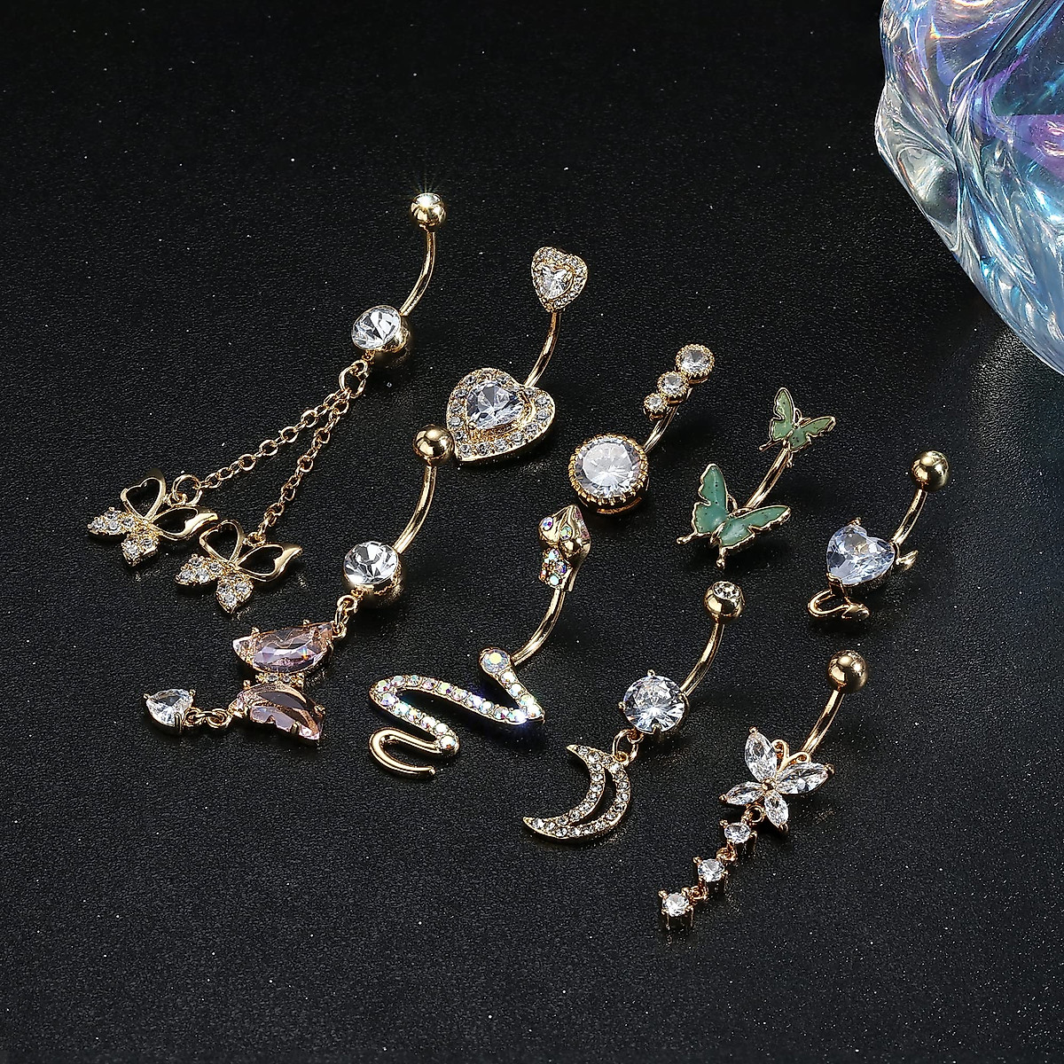 TEN MIRO 14G Dangle Belly Button Rings for Women 316L Stainless Steel Snake Evil Eye Heart CZ Pink Belly Button Rings Cute Butterfly Navel Rings Belly Piercing Jewelry(Green Butterfly-Gold)