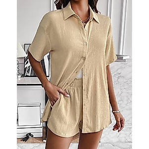 Ekouaer Womens Lounge Sets 2 Piece Outfits Casual Tracksuit Pajamas Set Button Down Shirt and Shorts Pockets Brown L